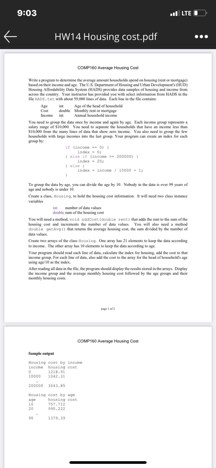 Solved 9:03 Il LTE I k HW14 Housing cost.pdf O. COMP160 | Chegg.com