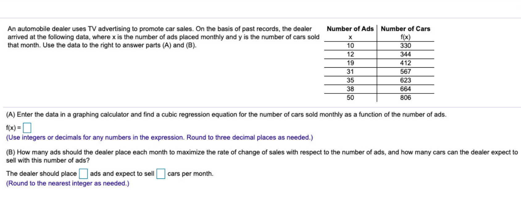 Solved Number of Ads Number of Cars An automobile dealer | Chegg.com