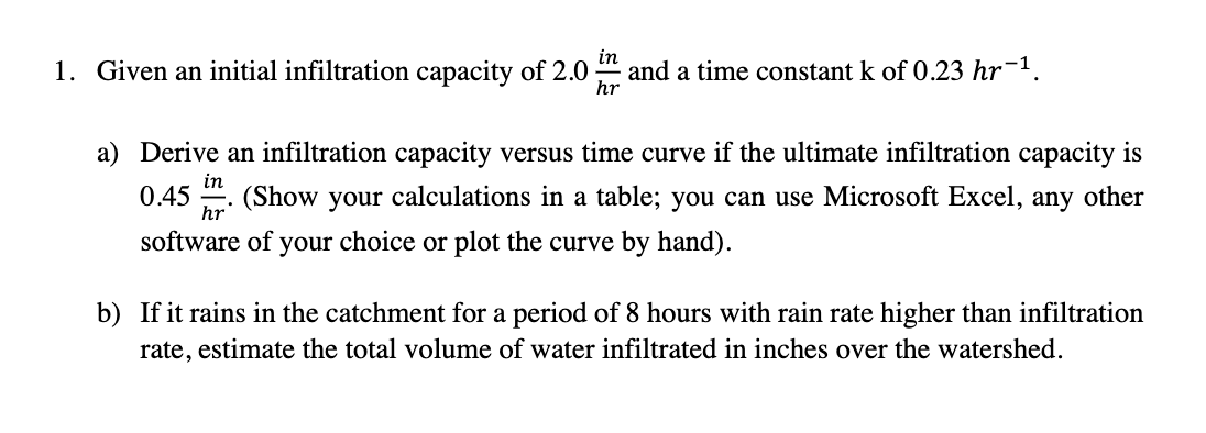 Solved in 1. Given an initial infiltration capacity of 2.0 | Chegg.com