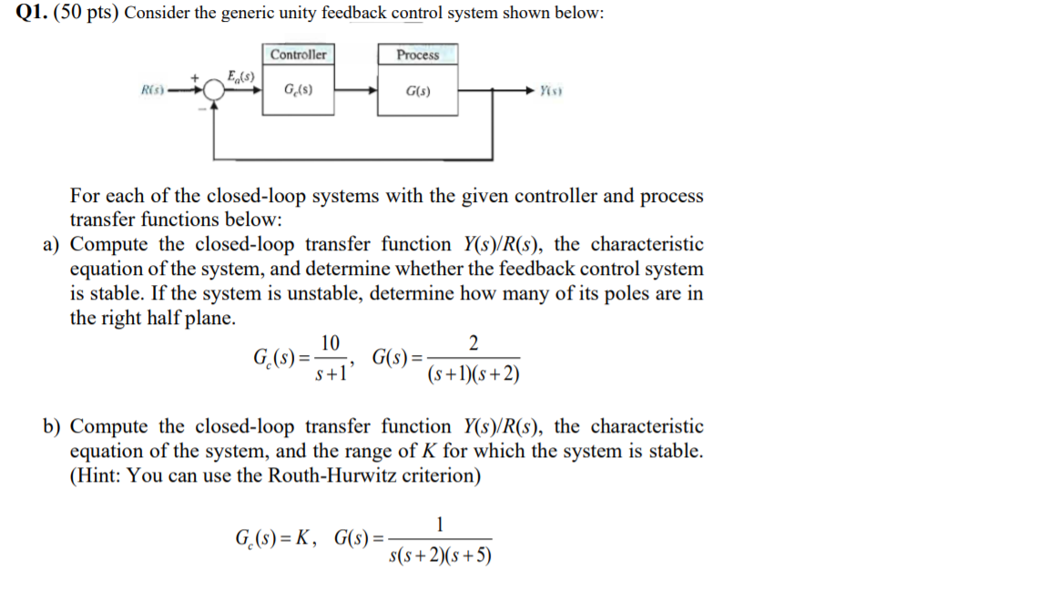 Solved Q1. (50 pts) Consider the generic unity feedback | Chegg.com