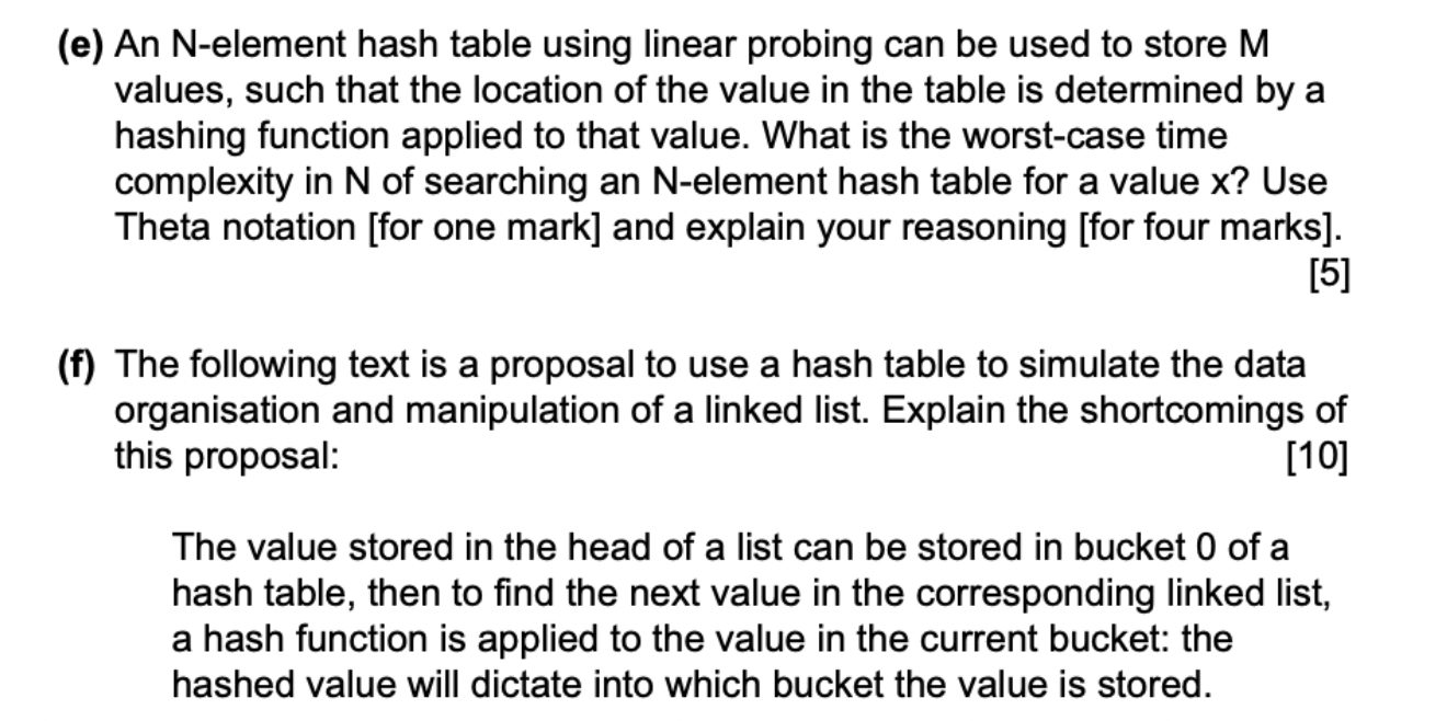 Solved (e) An N-element hash table using linear probing can | Chegg.com
