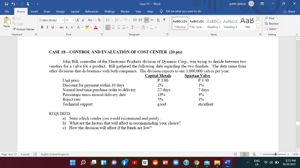 Solved Case 10 - Word galdo gaspar GG a х File Home Insert | Chegg.com