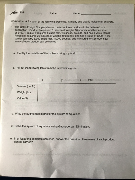 Solved Math 1314 Lab 4 Name Show all work for each of the | Chegg.com