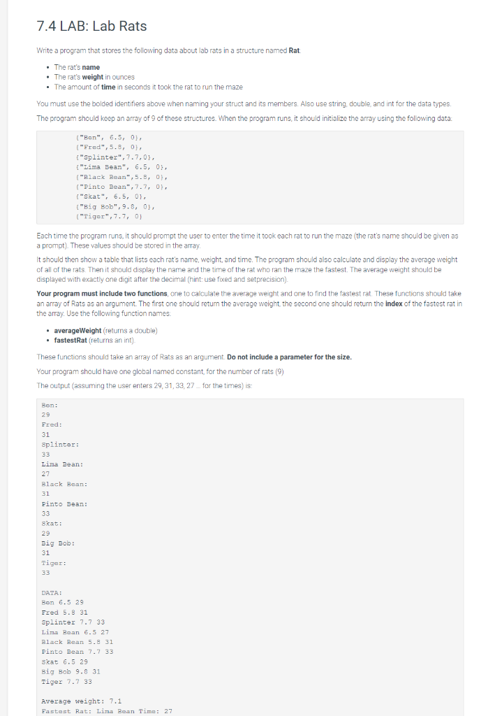 Solved 7.4 LAB: Lab Rats Write a program that stores the | Chegg.com