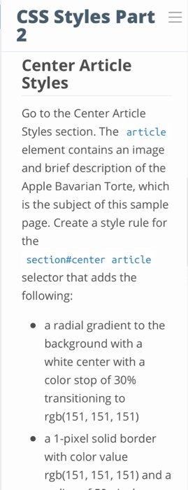 Solved CSS Styles Part 2 Center Article Styles Go to the | Chegg.com