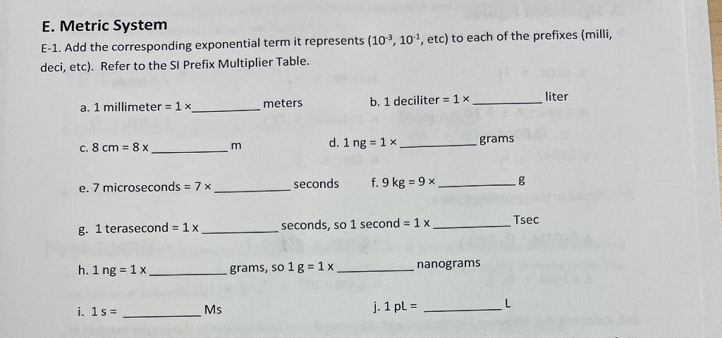 Solved E. Metric System E-1. Add the corresponding | Chegg.com