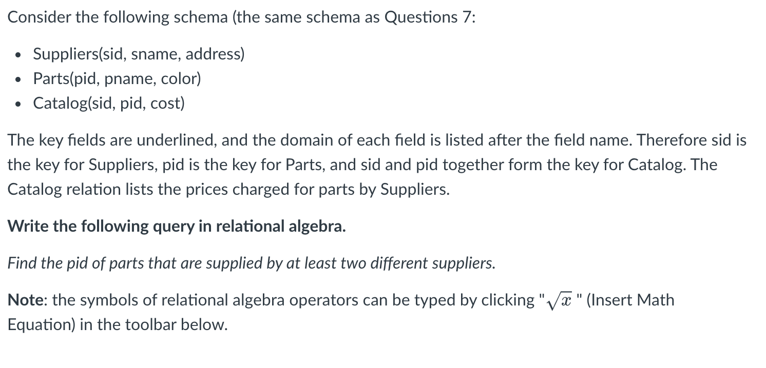 Solved Consider the following schema (the same schema as | Chegg.com