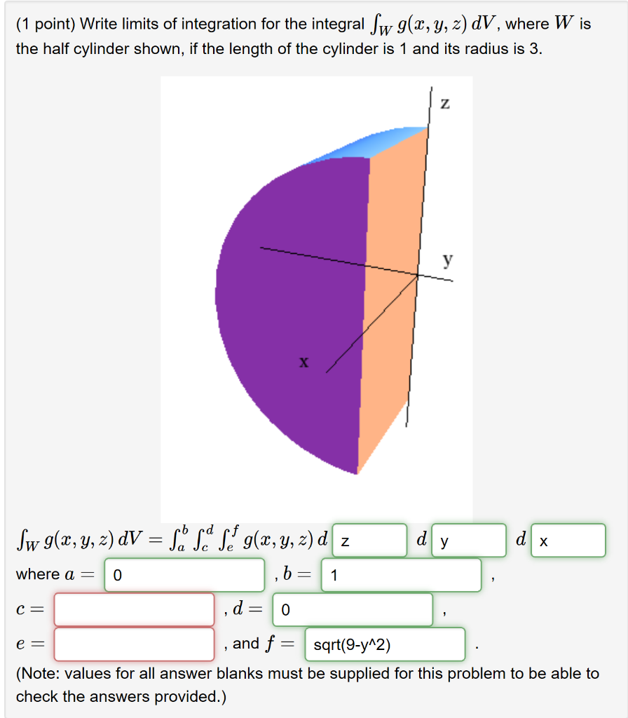 Solved (1 point) Write limits of integration for the | Chegg.com