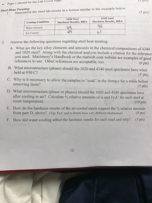 Solved Cover Papt Page1 should be the Lab Steel Heat | Chegg.com