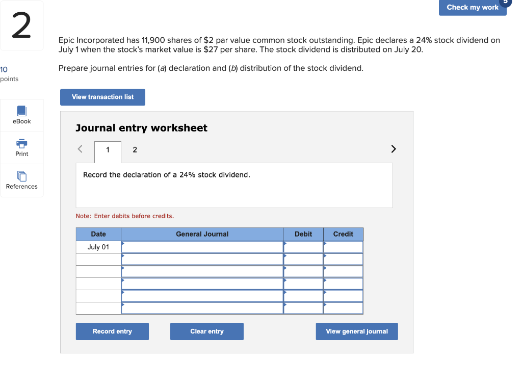 Solved 2 10 points eBook Print References Check my work Epic | Chegg.com