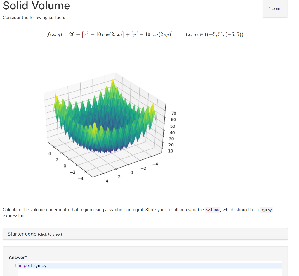 Solved Solid Volume 1 point Consider the following surface: | Chegg.com