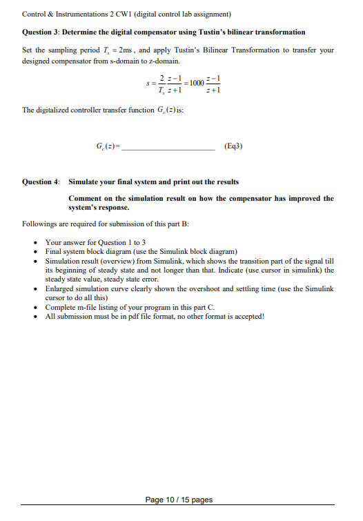 Solved Control & Instrumentations 2 CW1 (digital control lab | Chegg.com