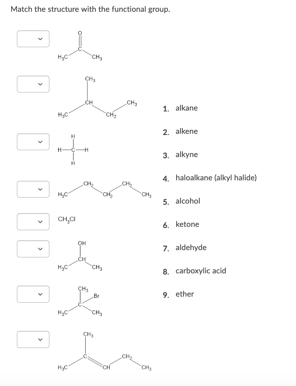 Solved Match the structure with the functional group. H3C | Chegg.com