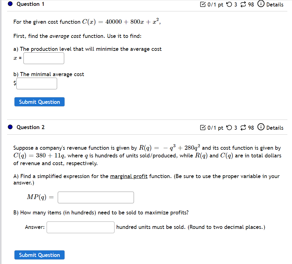 Solved 1.For the given cost function C ( x ) = 40000 + 800 x | Chegg.com