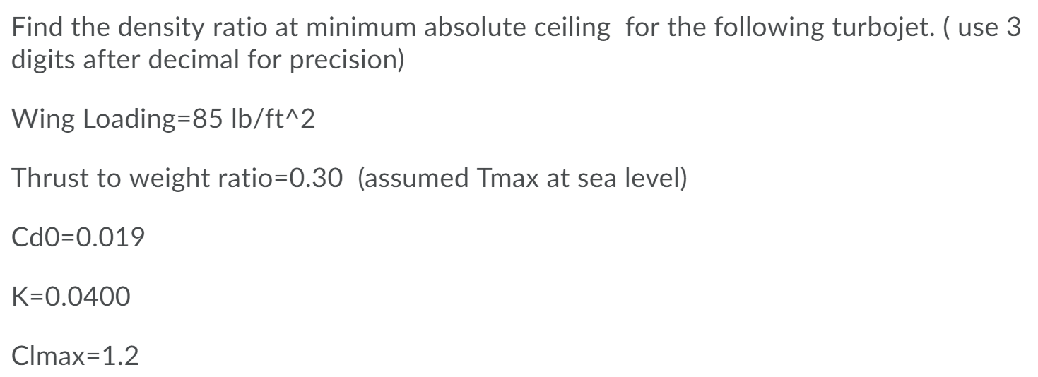 Solved Find the density ratio at minimum absolute ceiling | Chegg.com
