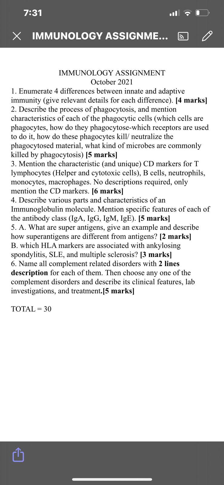 Solved 7:31 X IMMUNOLOGY ASSIGNME... IMMUNOLOGY ASSIGNMENT | Chegg.com