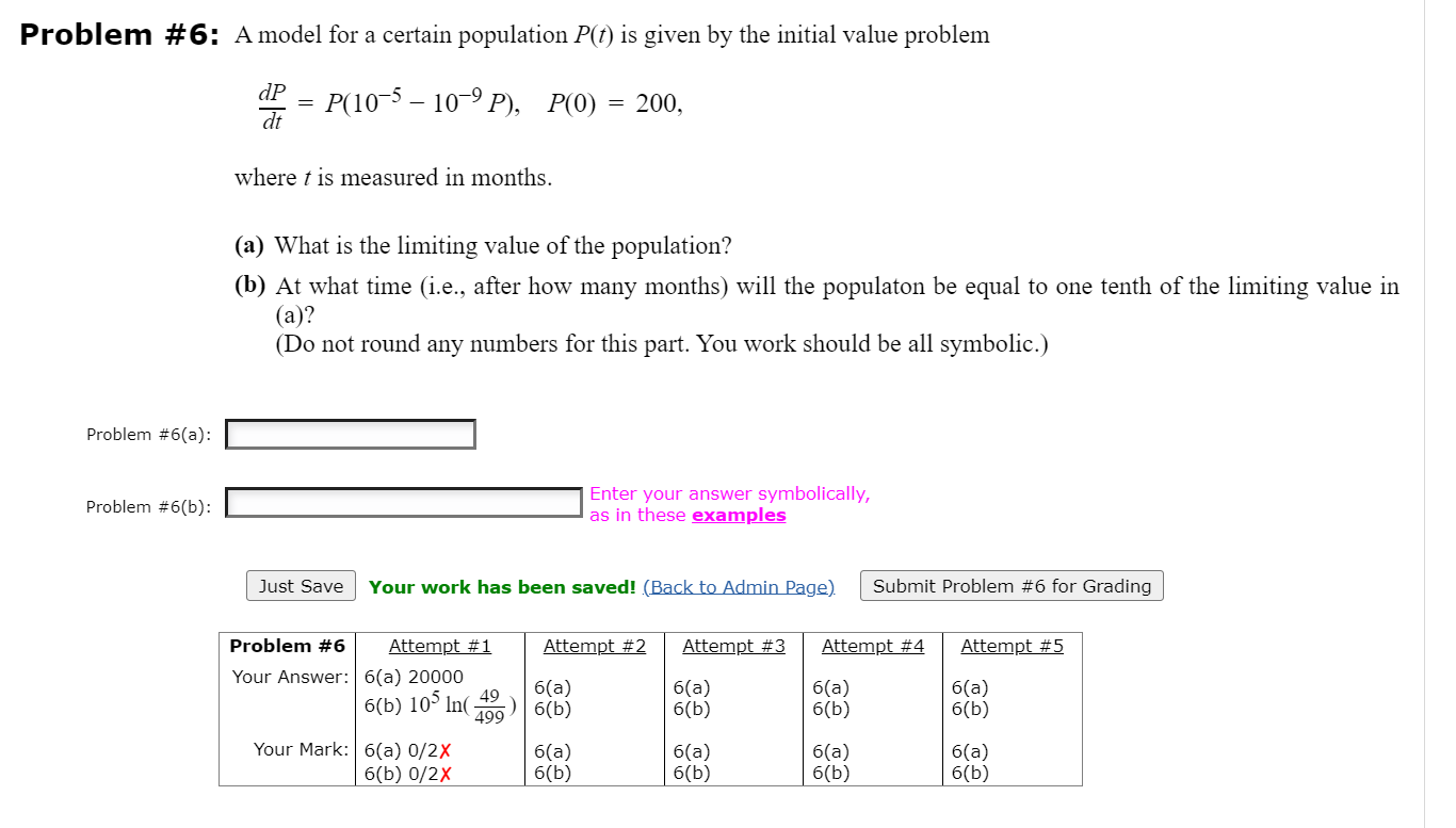 Solved Problem \# 6: A model for a certain population P(t) | Chegg.com