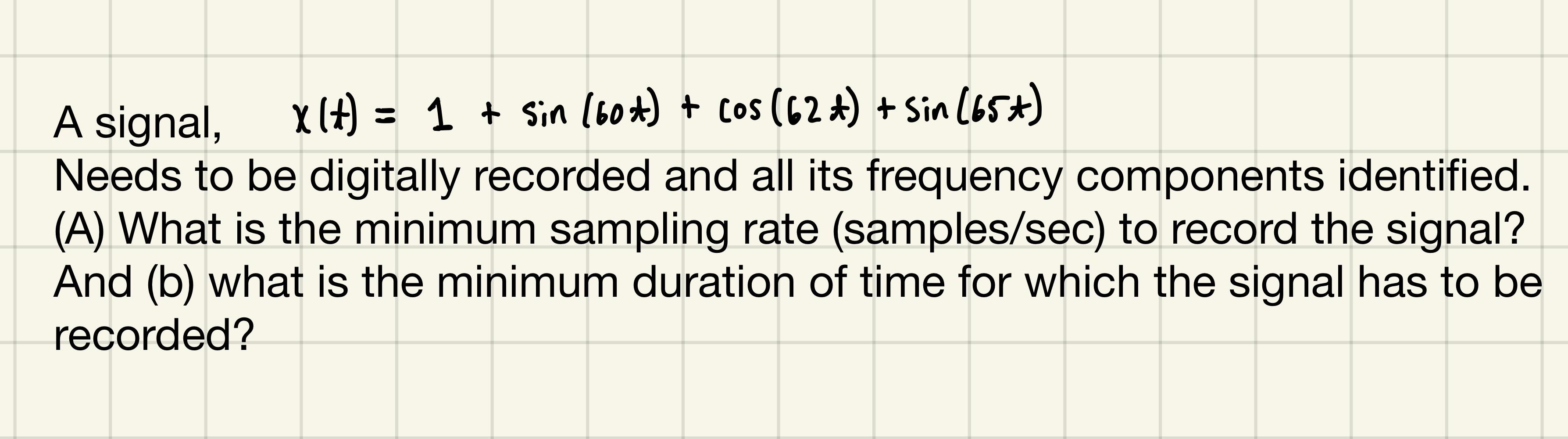 Solved A signal, X(t) = 1 + Sin 160*) + Cos (624) + Sin | Chegg.com