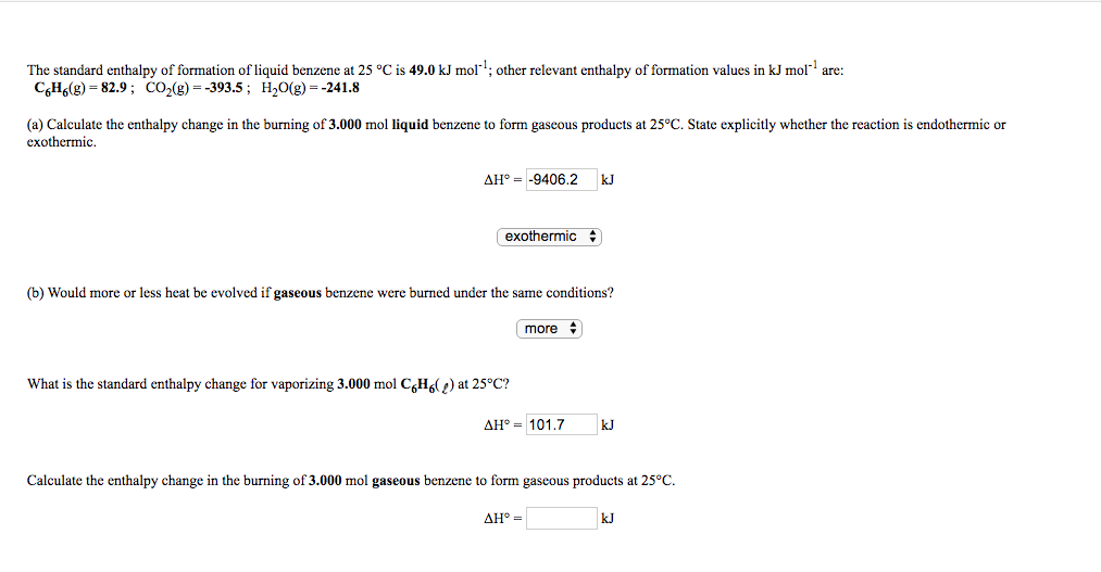 Solved The standard enthalpy of formation of liquid benzene | Chegg.com