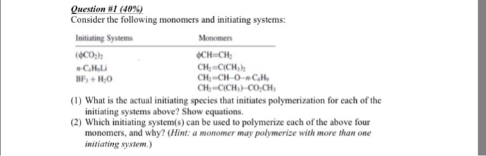 Solved Consider the following monomers and initiating | Chegg.com