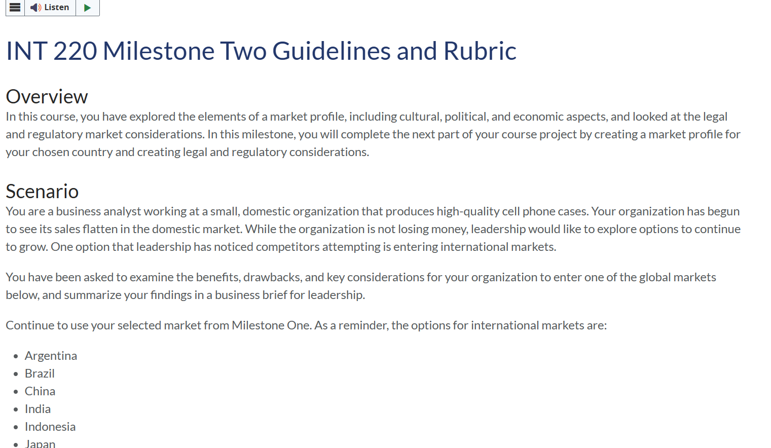 Solved INT 220 Milestone Two Guidelines and Rubric Overview | Chegg.com