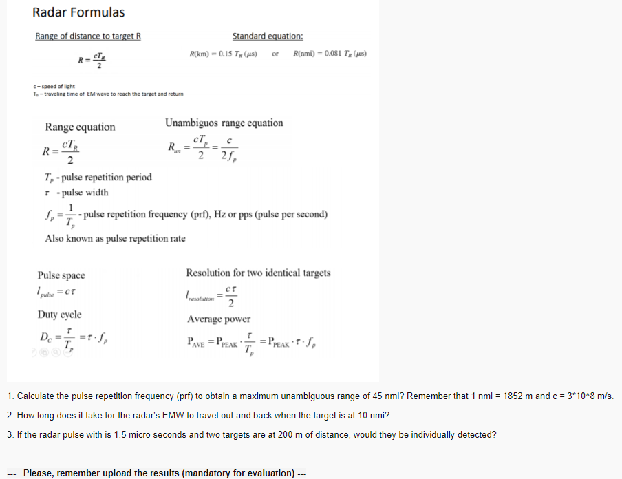 Solved Radar Formulas Standard equation: Range of distance | Chegg.com