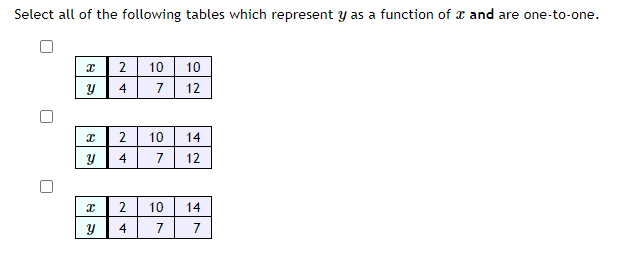 Solved Select all of the following tables which represent y | Chegg.com