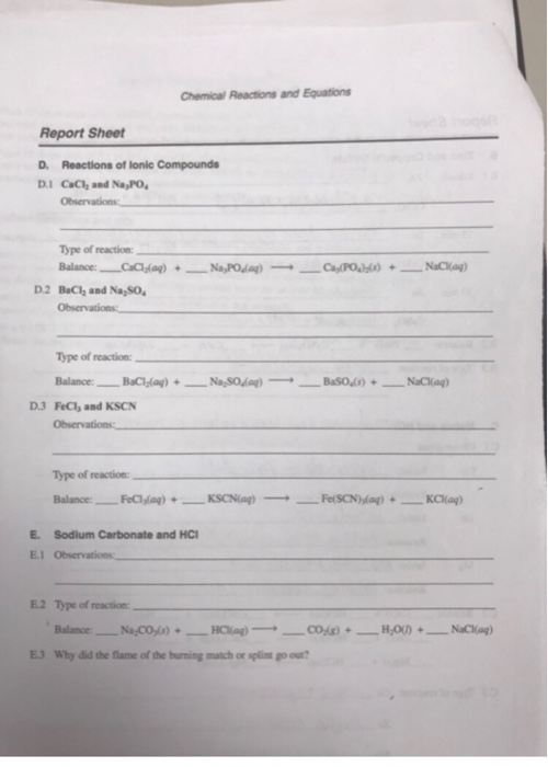Solved Chemical Reactions and Equations Report Sheet D. | Chegg.com