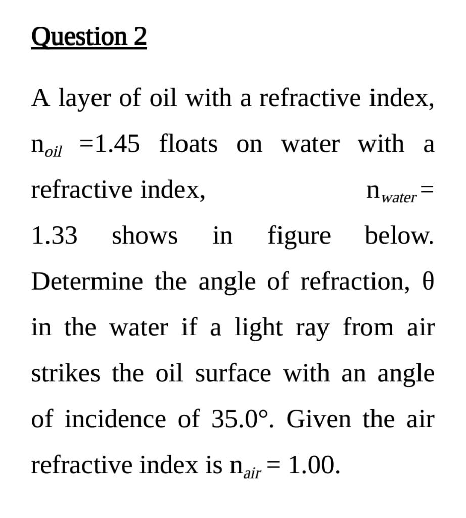 Solved Question 2 A layer of oil with a refractive index, | Chegg.com