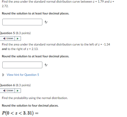 Solved Find the area under the standard normal distribution | Chegg.com