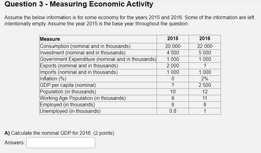 Solved Question 3 - Measuring Economic Activity Assume the | Chegg.com