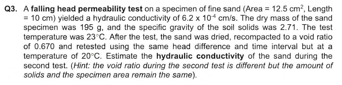Solved 3. A falling head permeability test on a specimen of | Chegg.com
