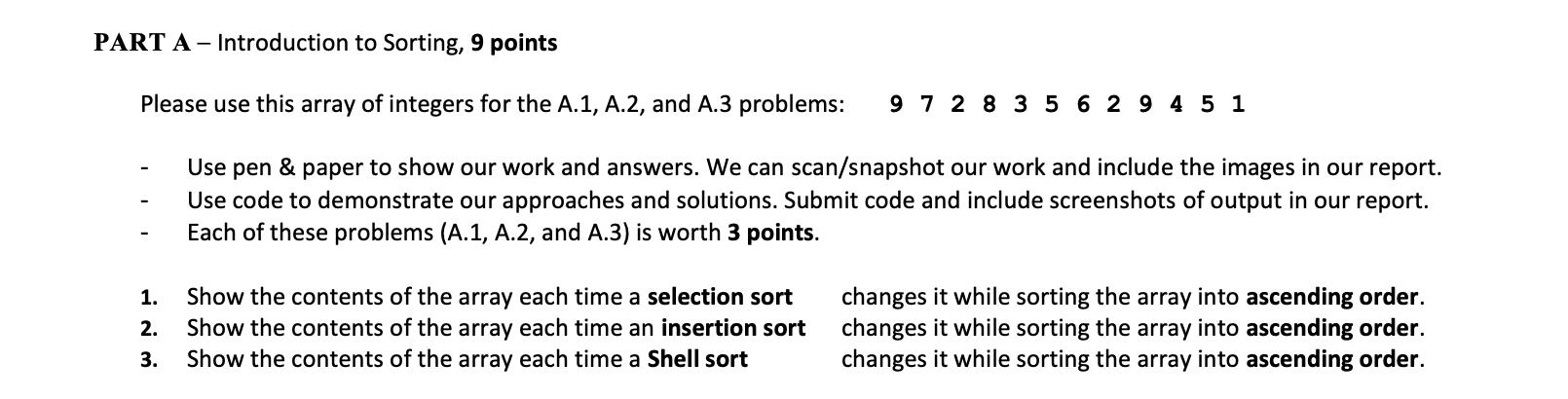 Solved PART A - Introduction to Sorting, 9 points Please use | Chegg.com