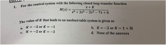 Solved 1. For the control system with the following closed | Chegg.com