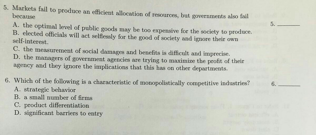 Solved 5. Markets fail to produce an efficient allocation of | Chegg.com