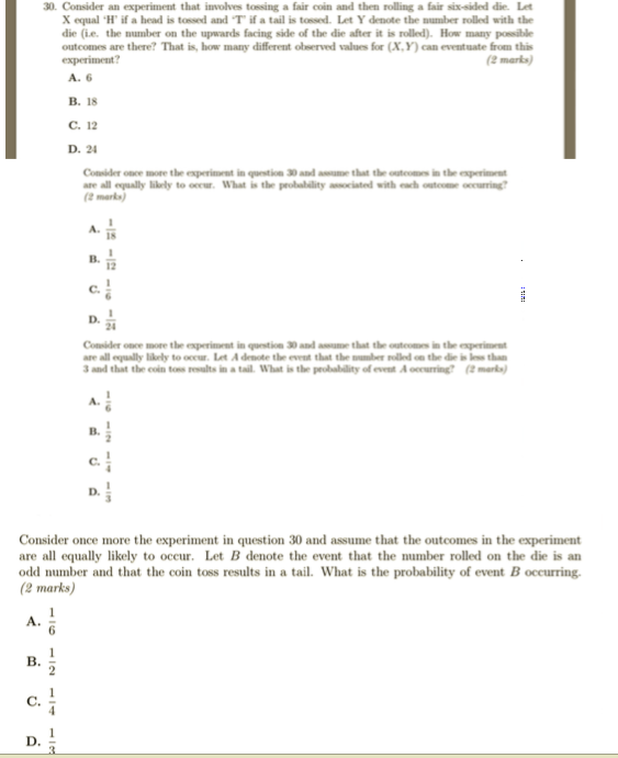 Solved 30. Consider an experiment that involves tossing a | Chegg.com