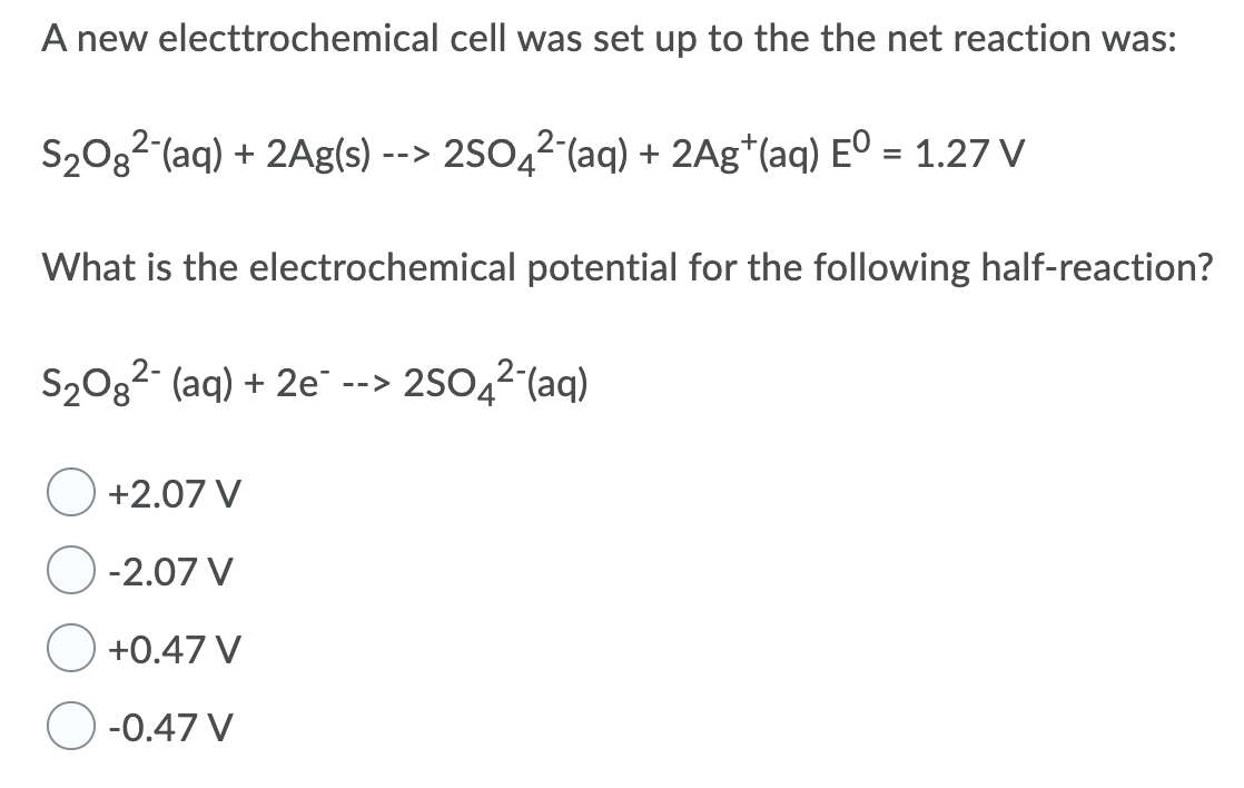 Solved If the Fe2+(aq) + 2e --> Fe(s) was used as a | Chegg.com
