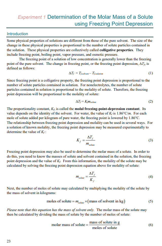 Experiment 1 Determination of the Molar Mass of a | Chegg.com