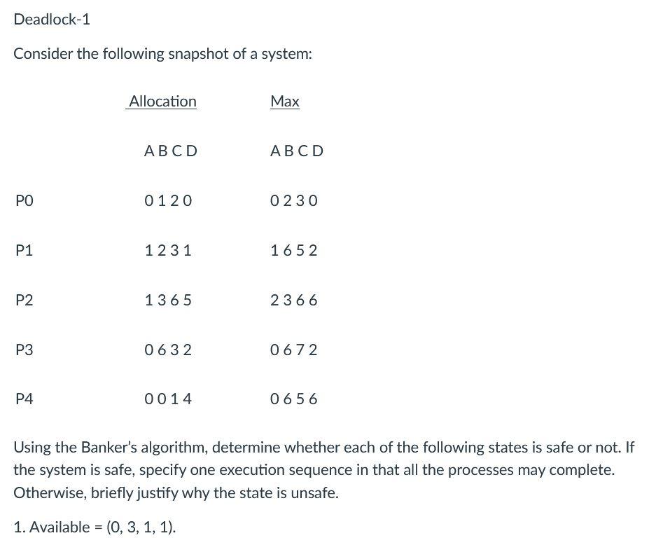 Solved Deadlock-1 Consider the following snapshot of a | Chegg.com
