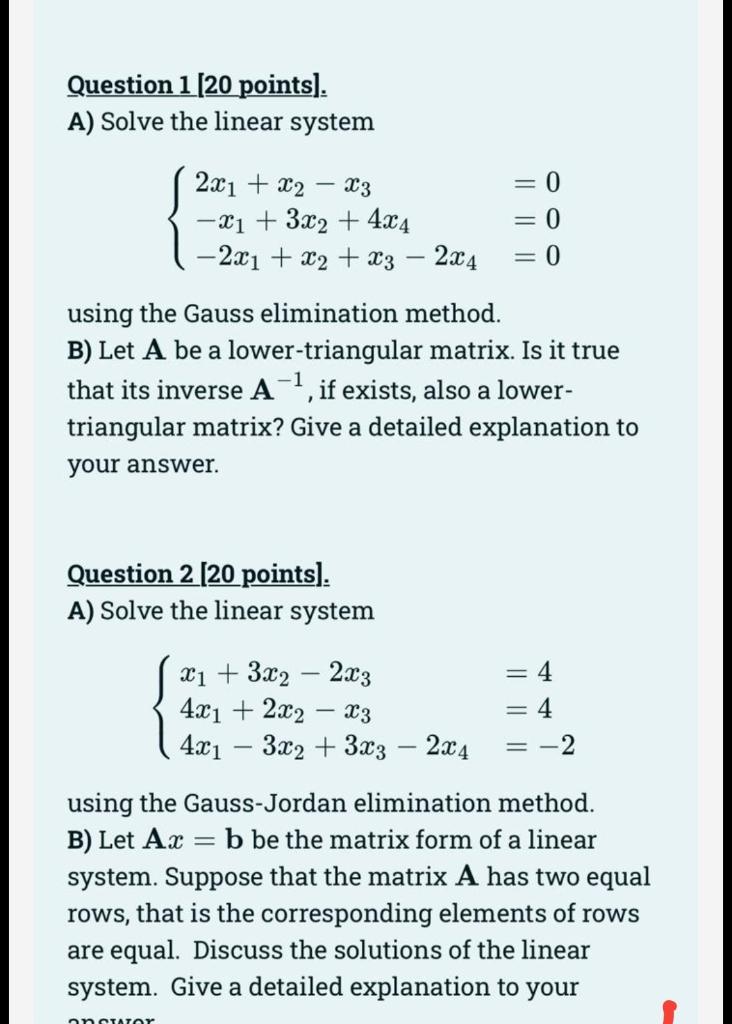 Solved Question 1 [ 20 points]. A) Solve the linear system | Chegg.com