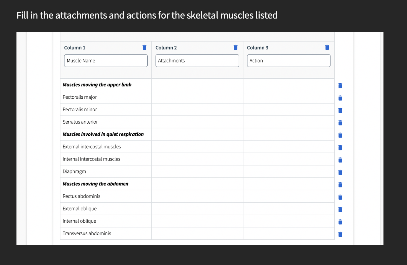 Solved Fill in the attachments and actions for the skeletal | Chegg.com
