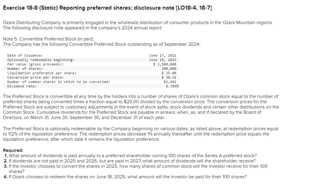 Solved Exercise 18−8 (Static) Reporting preferred shares; | Chegg.com