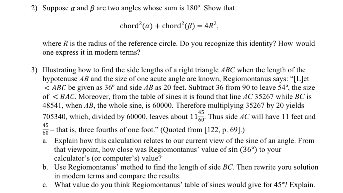 Solved 2) Suppose α and β are two angles whose sum is 180∘. | Chegg.com