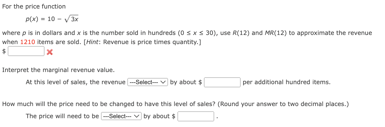 Solved For the price function p(x)=10−3x where p is in | Chegg.com