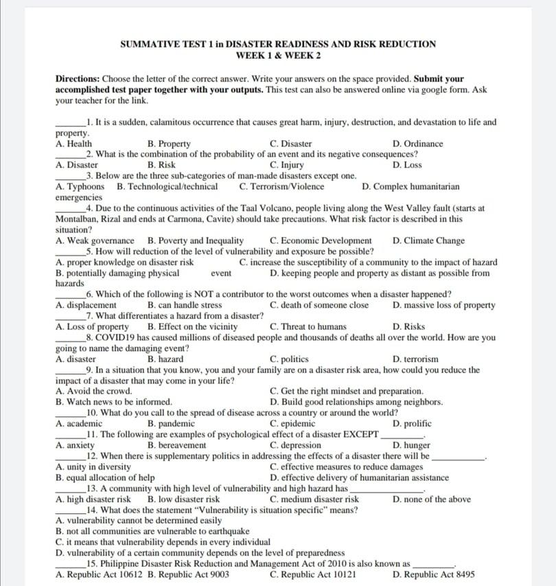 Solved SUMMATIVE TEST 1 in DISASTER READINESS AND RISK | Chegg.com