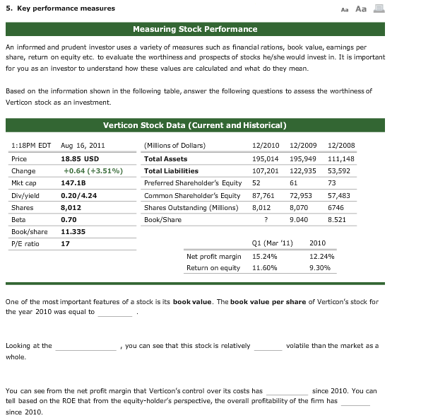 Solved 5. Key performance measures Aa Aa Measuring Stock | Chegg.com