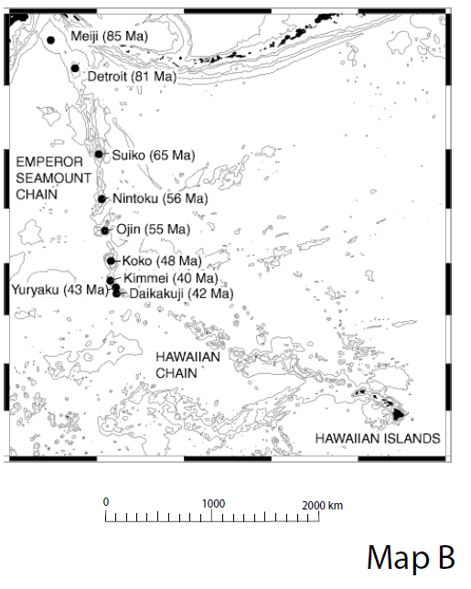 Solved Map B shows the Emperor volcanic chain that was | Chegg.com