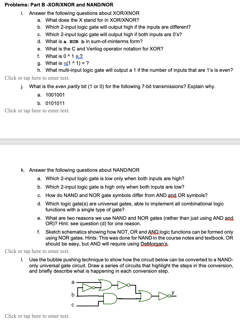 Solved Problems: Part B -XOR/XNOR and NAND/NOR i. Answer the | Chegg.com
