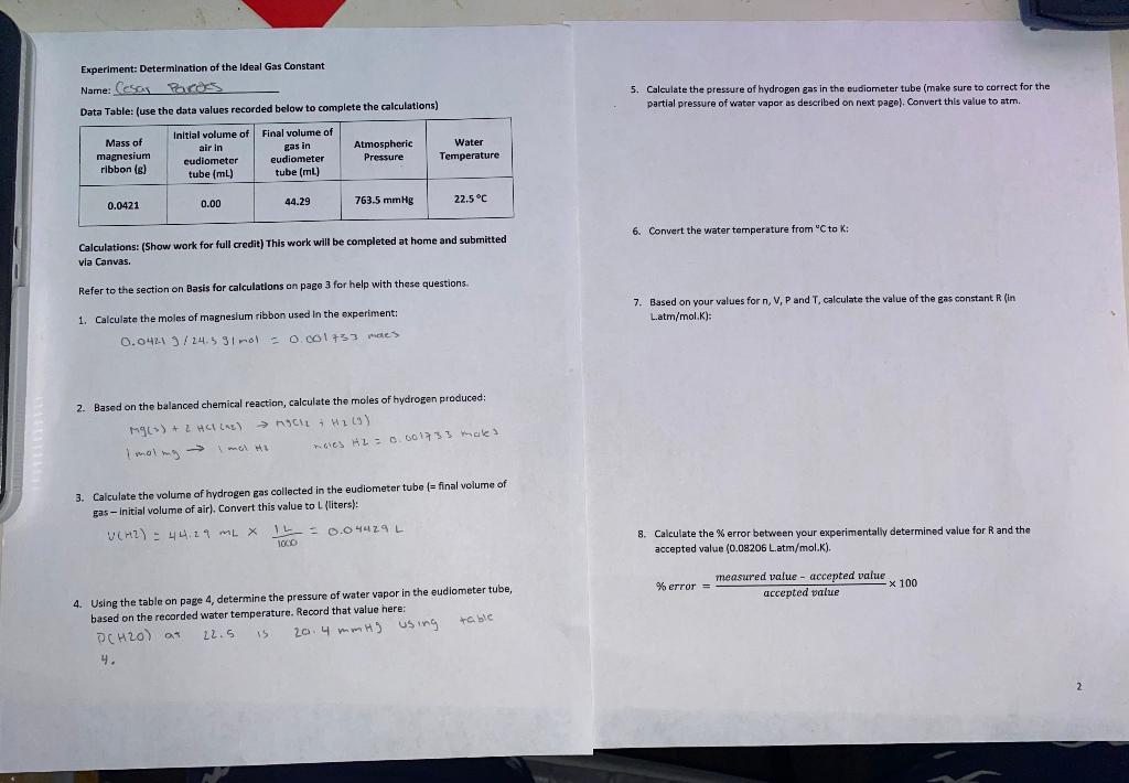 Solved Experiment: Determination of the ideal Gas Constant | Chegg.com