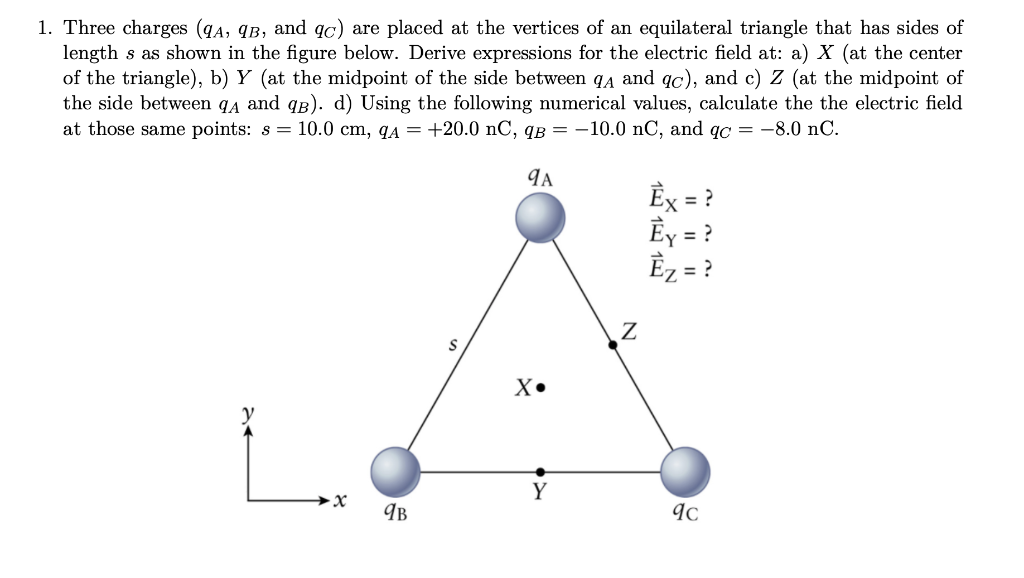 Solved 1. Three charges (A, B, and qc) are placed at the | Chegg.com